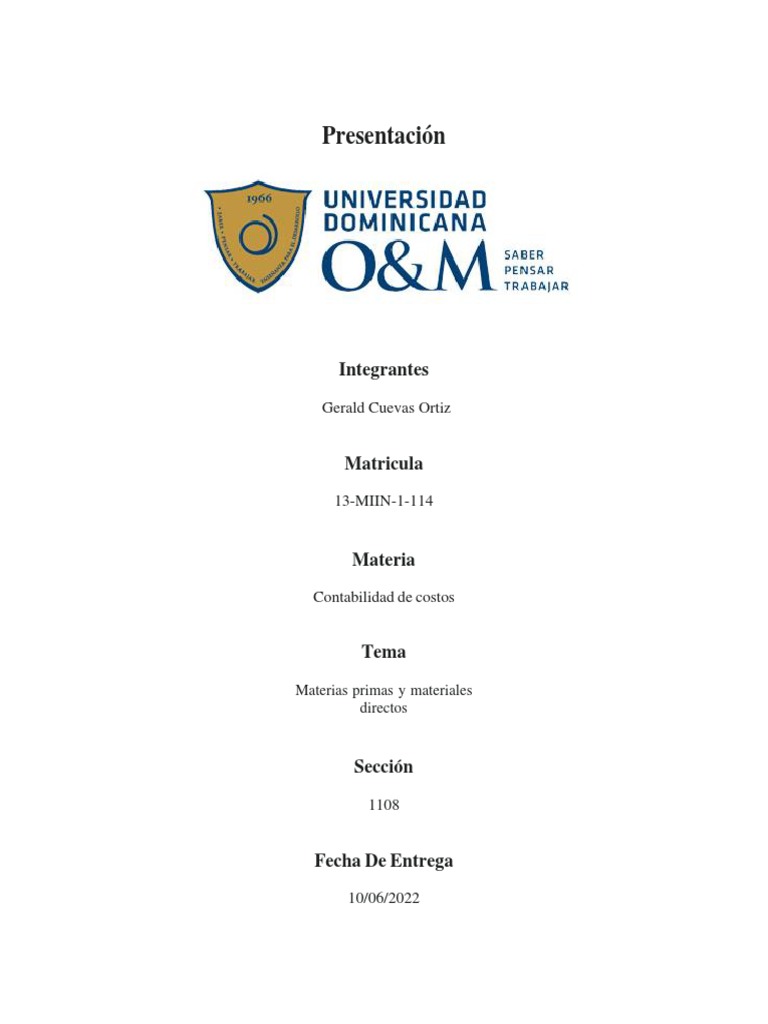 Materia Prima y Materiales Directos. Gerald Cuevas Ortiz... | PDF ...