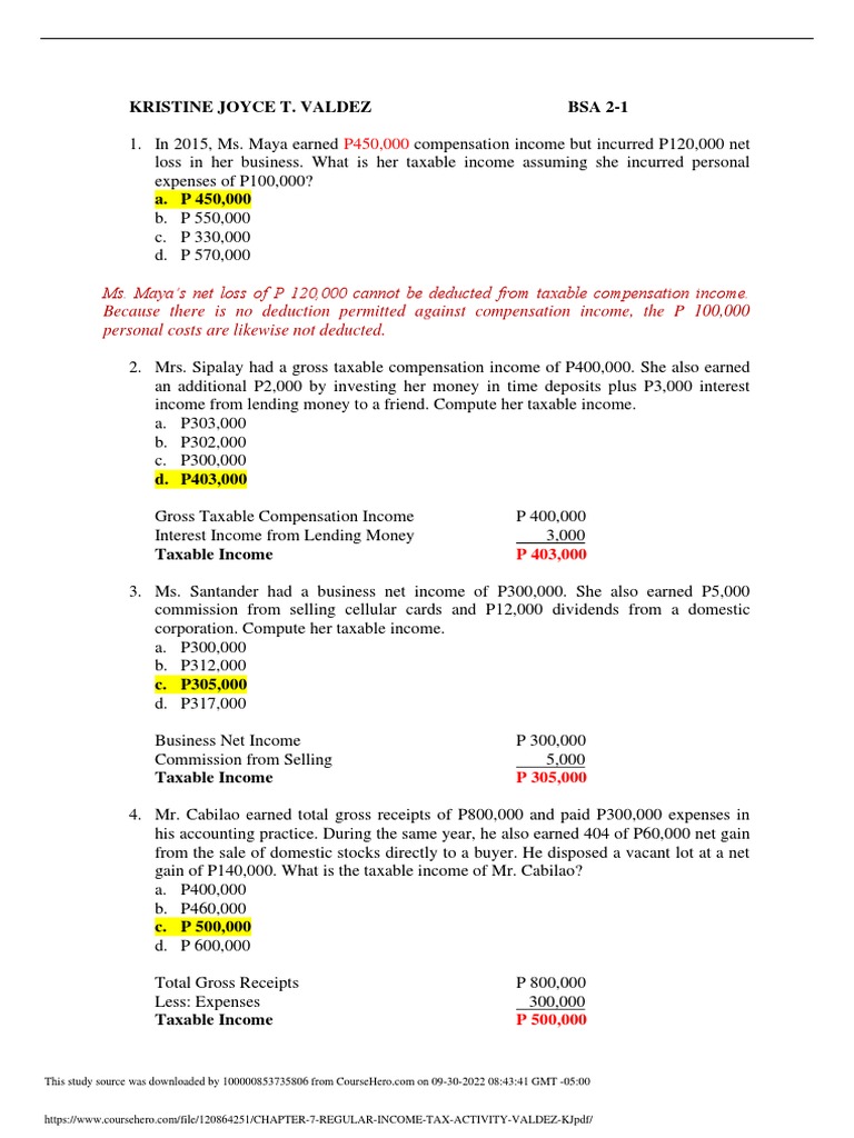 Chapter 7 Regular Income Tax Activity Valdez KJ PDF | PDF | Gross ...