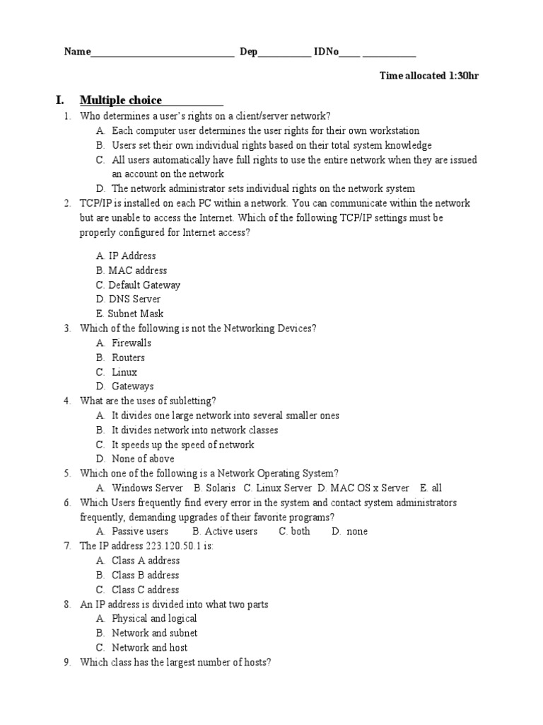 System And Network Admin Exam Pdf Ip Address Computer Network 