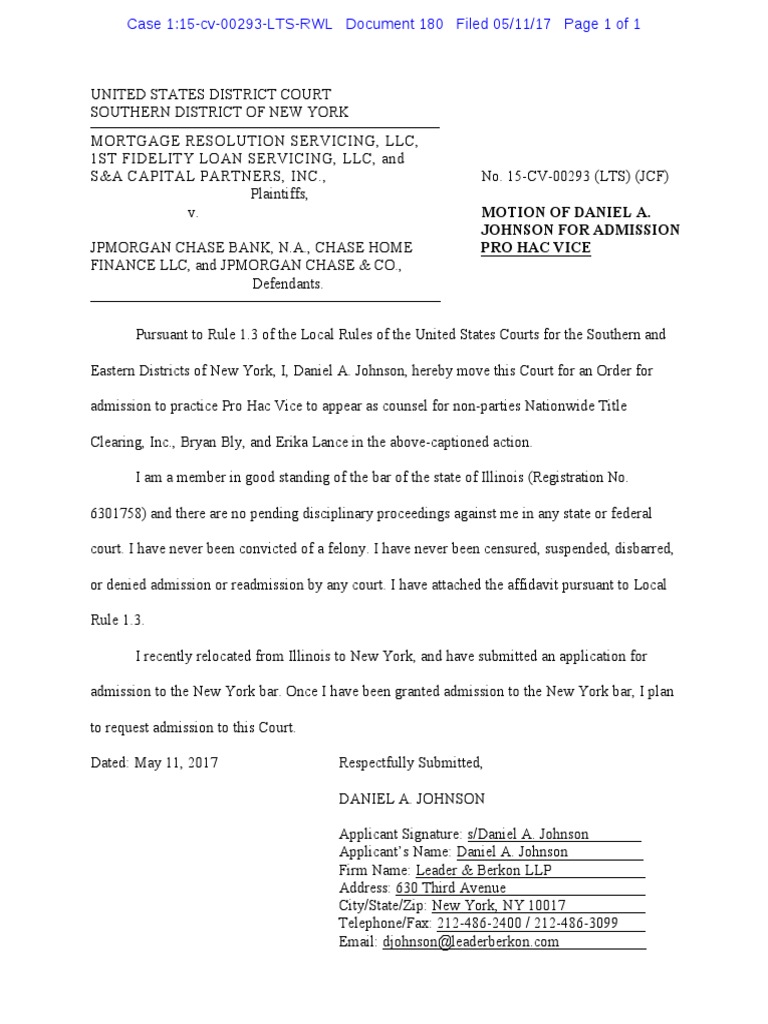 (15-00293 180) MOTION For Daniel A. Johnson To Appear Pro Hac Vice ...
