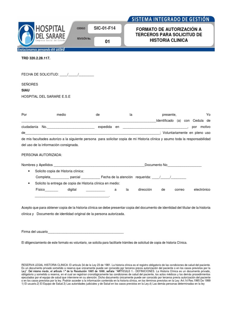 Sis 02 F014 Solicitud de Historia Terceros | PDF | Historial médico ...