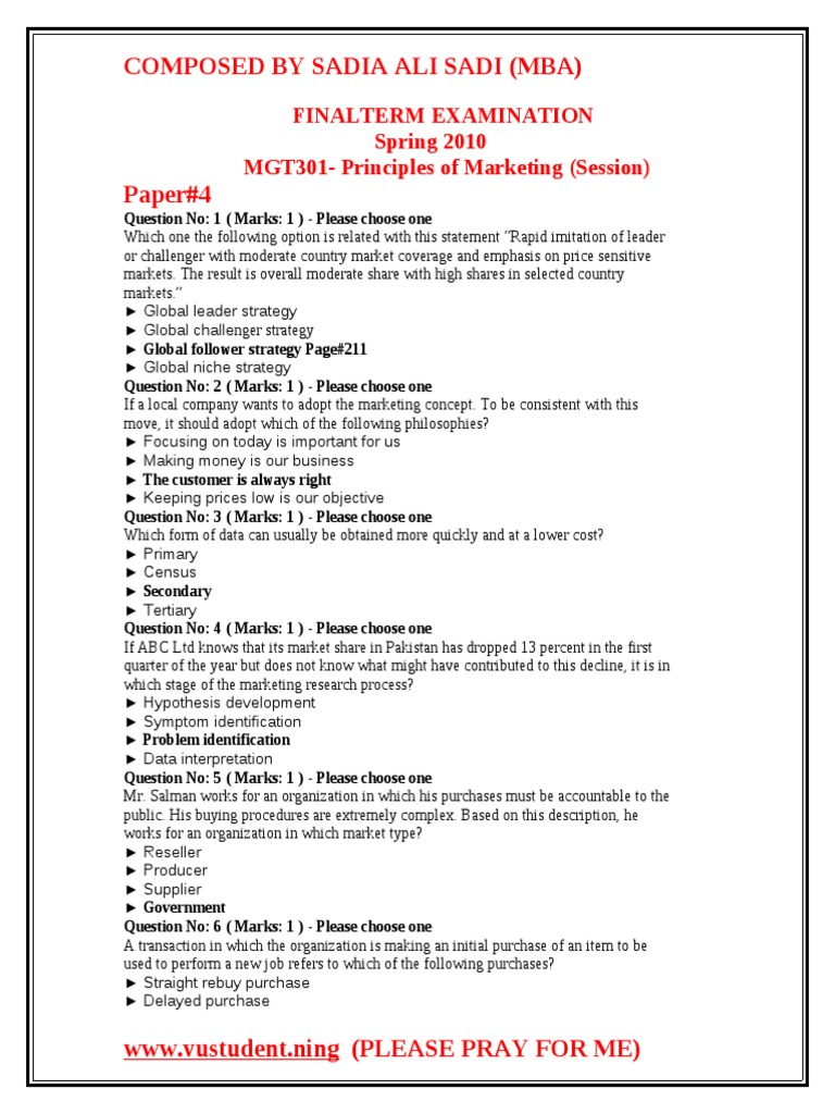 MGT301-FinalTerm-COMPOSED BY SADIA ALI SADI MBA | PDF | Sales | Marketing
