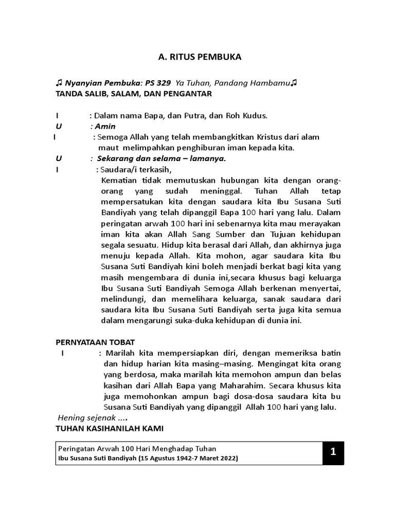Buku Misa Arwah 100 Hari Ibu Susana Suti Bandiyah-Draft | PDF