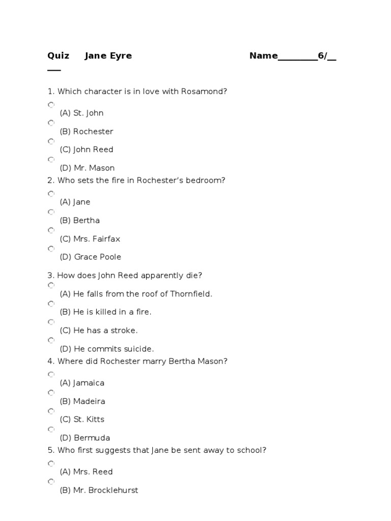 Quiz Jane Eyre Name | PDF | Jane Eyre | Novels