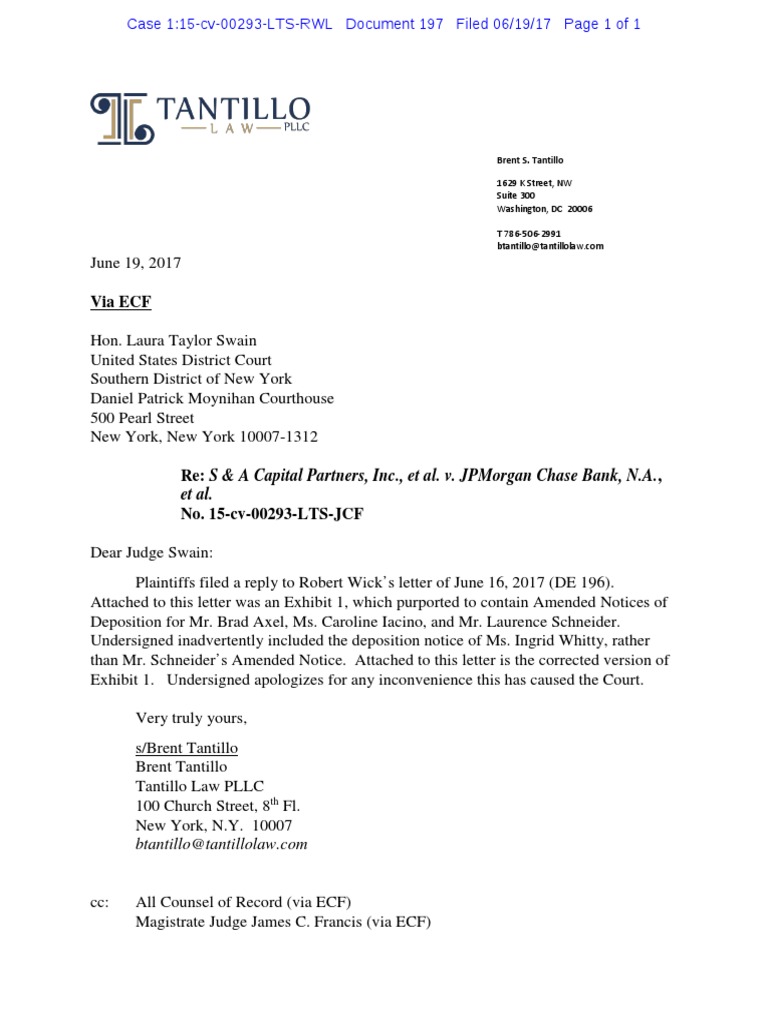 (15-00293 197) Letter To Judge Swain | PDF | Deposition (Law) | Chase Bank