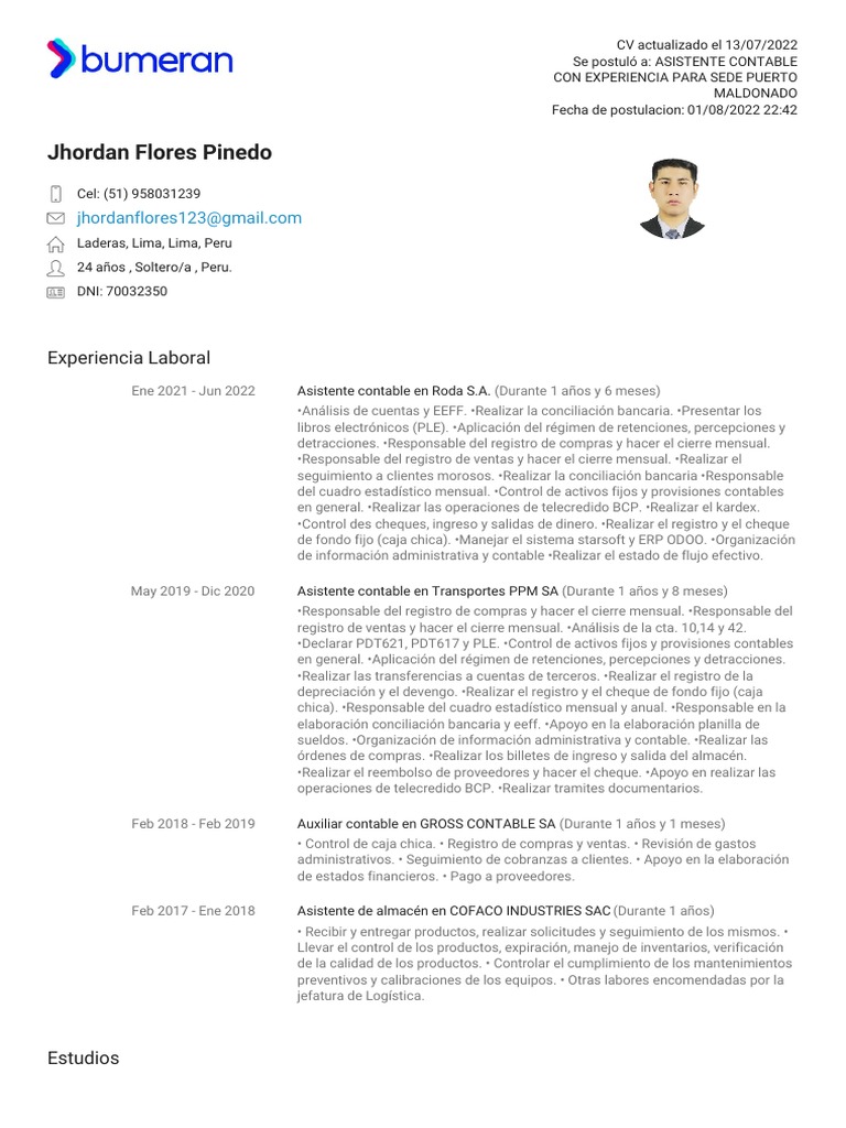 CV Asistente Contable Puerto Maldonado | PDF | Contabilidad | Devengo