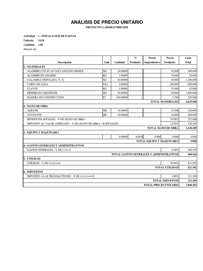 Modelo de Analisis de Precios Unitarios | PDF | Materiales | Construyendo tecnología