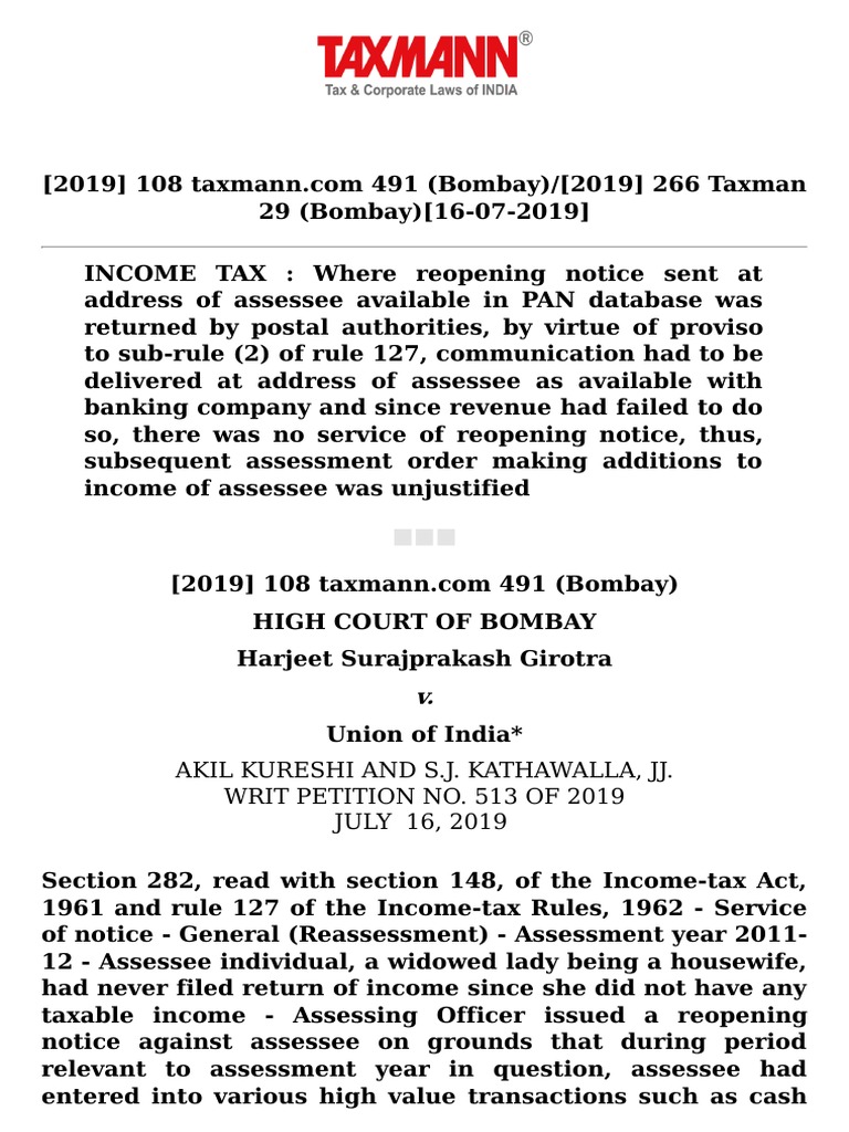 Annexure-B 108 Taxmann Com 491 Bombay 266 Taxman 29 Bombay 16 07 2019 | PDF | Mail | Public Law