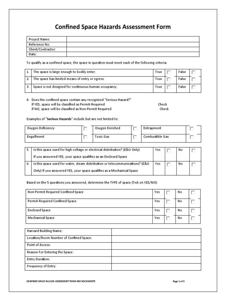 Confined Space Hazards Assessment Form | PDF | Safety | Occupational Safety And Health