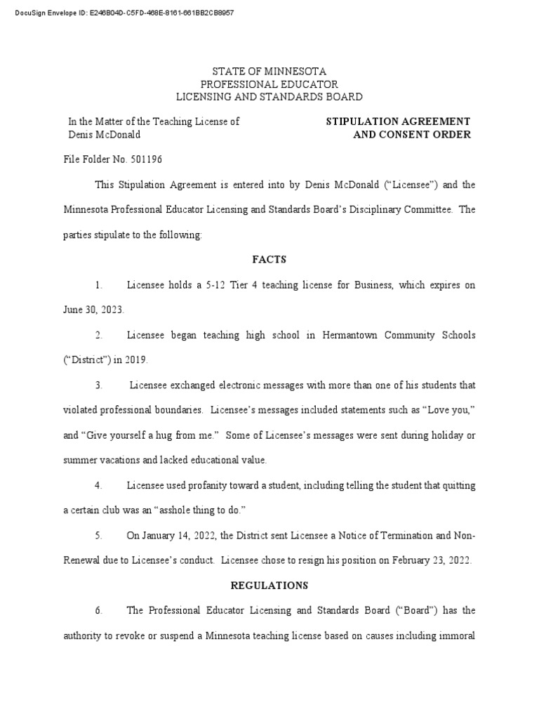 Denis McDonald Stipulation Agreement and Consent Order | PDF | License ...
