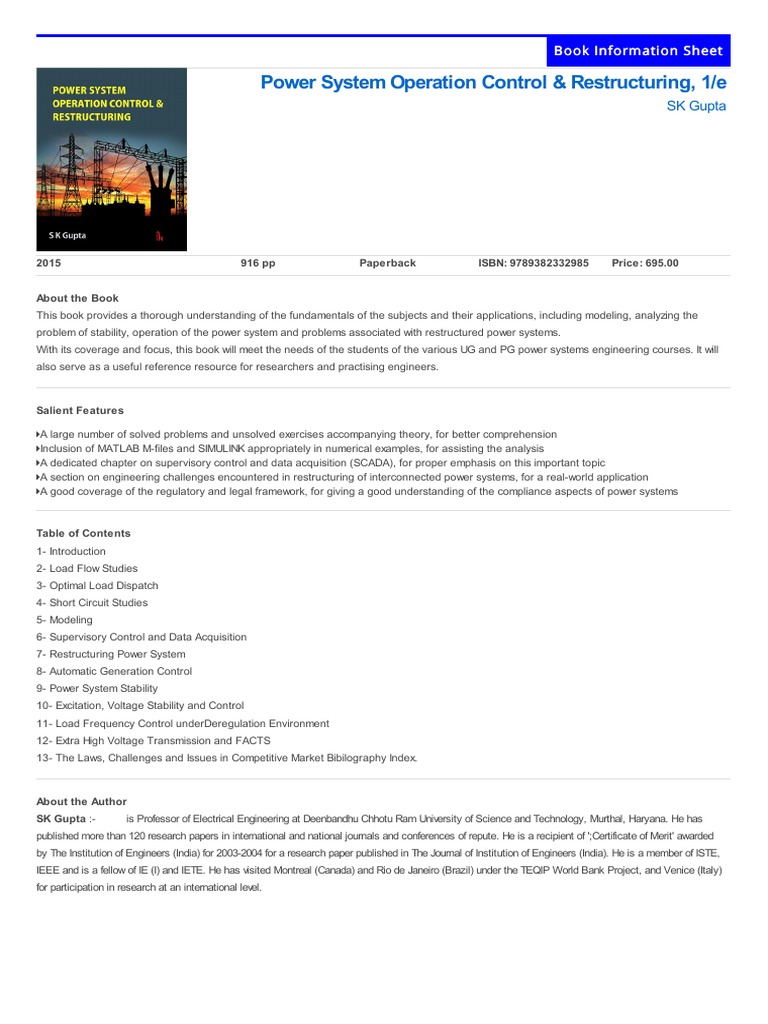 Power System Operation Control & Restructuring, 1/e: Book Information Sheet Book Information ...