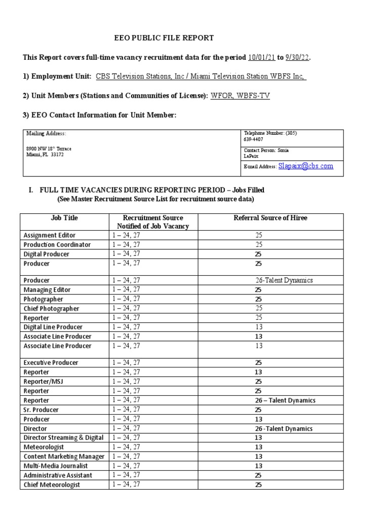 WFOR-TV/WBFS-TV EEO Public File Report - 2021 | PDF | Recruitment | Miami