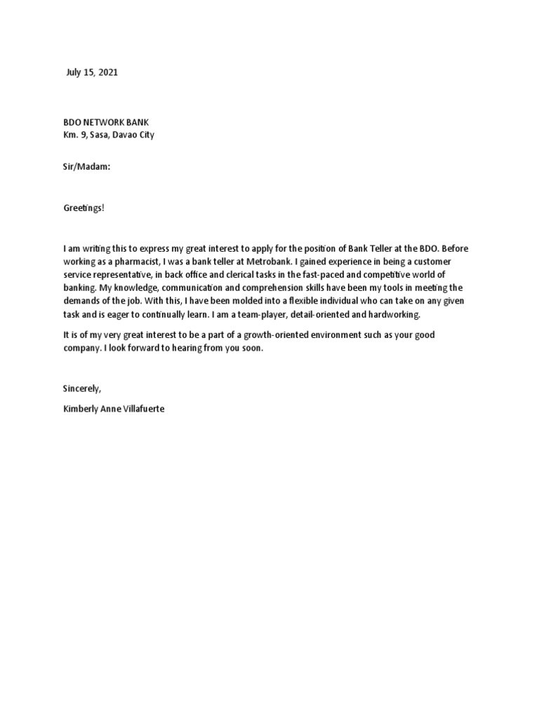 July 15, 2021 BDO Bank Teller Job Application | PDF