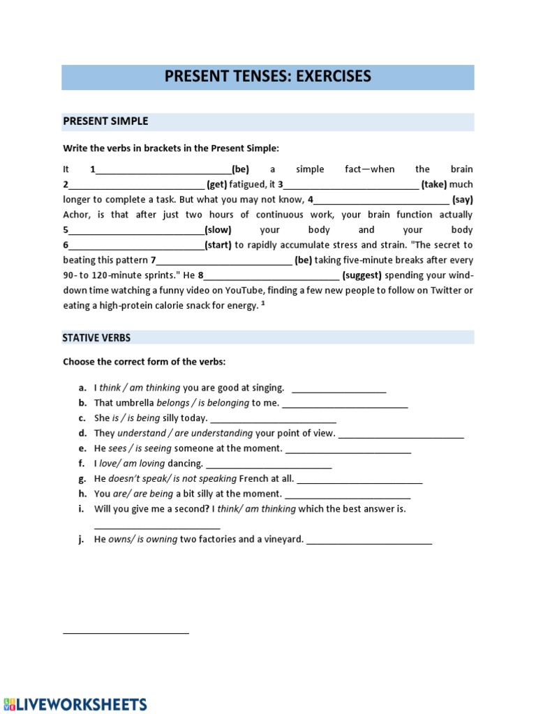 Present Tenses: Exercises | Download Free PDF | English Language ...