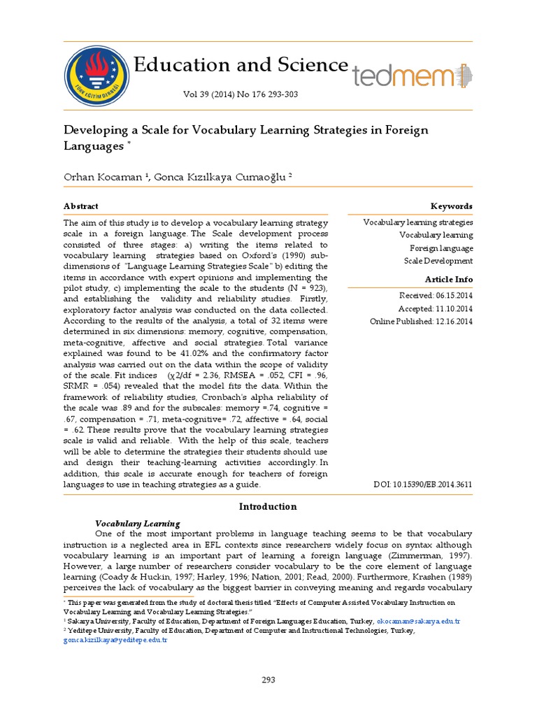 Developing A Scale For Vocabulary Learning Strategies in Foreign ...