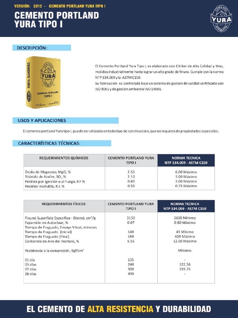 Ficha Tecnica Cemento Tipo I Yura | PDF