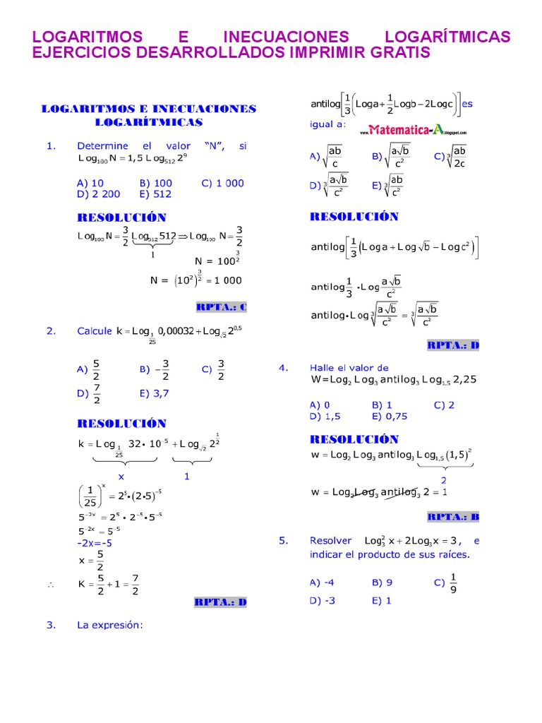 Logaritmos e Inecuaciones Logarítmicas Ejercicios Desarrollados | PDF