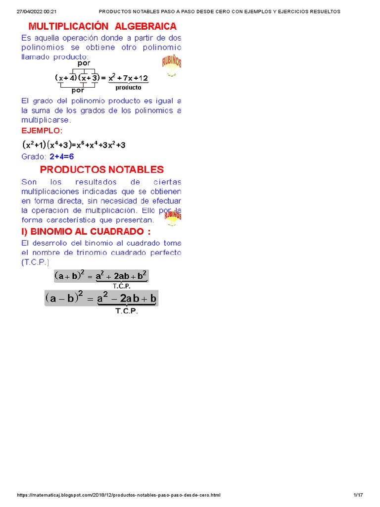 Productos Notables Paso A Paso Desde Cero Con Ejemplos y Ejercicios Resueltos | PDF ...