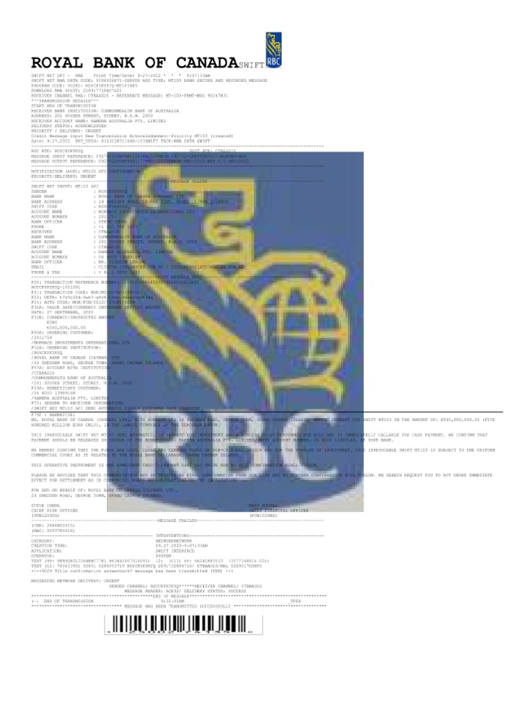 RBC Ci - CWB Au - 500m - mt103 Gpi Semi Automatic - Bank Transmission - Confirmation - Ramera ...