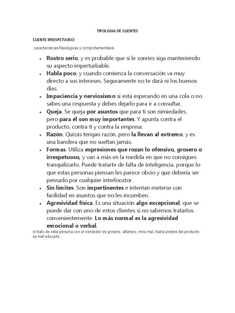Características del Cliente Irrespetuoso | PDF