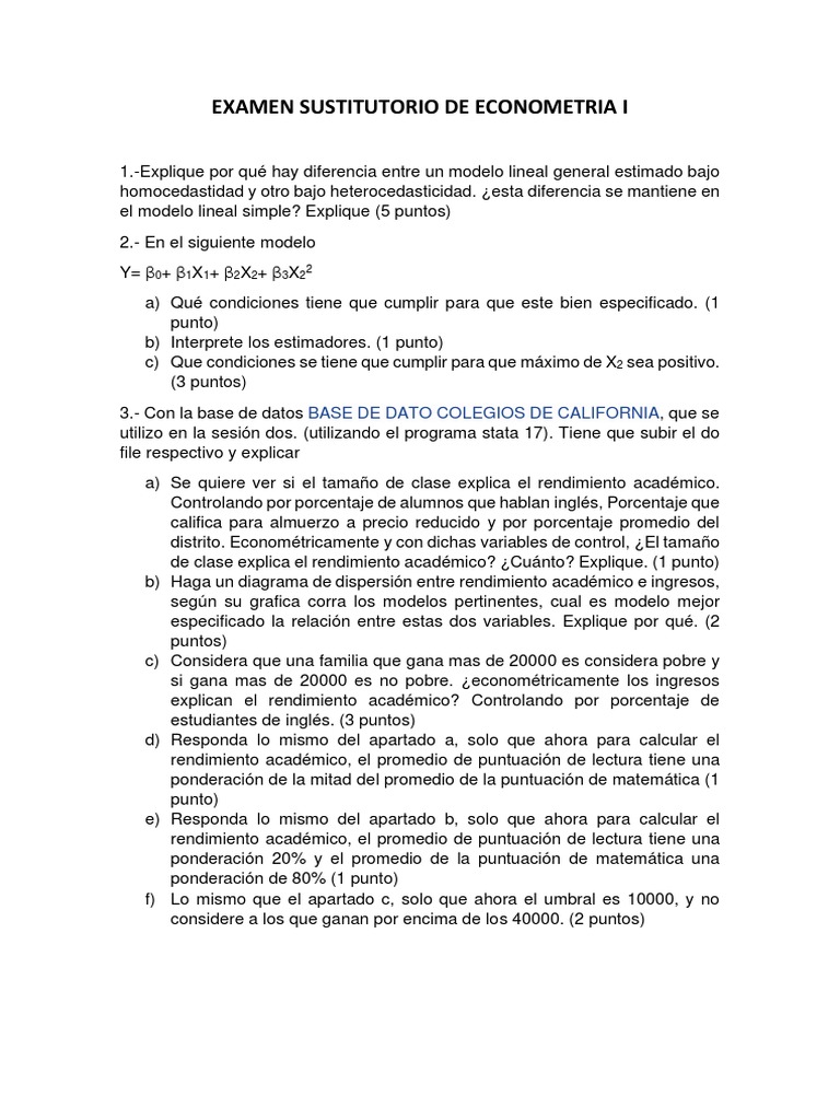 Examen Sustitutorio de Econometria I | PDF
