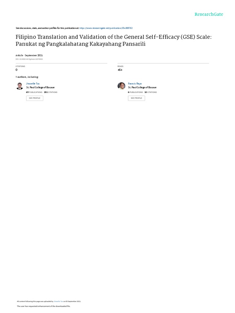 Filipino Translation and Validation of The General Self-Efficacy (GSE ...