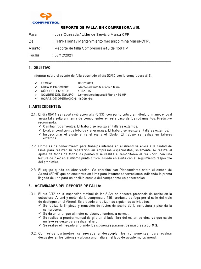Reporte de Falla en Compresora | PDF | Bienes manufacturados | Ingeniería mecánica