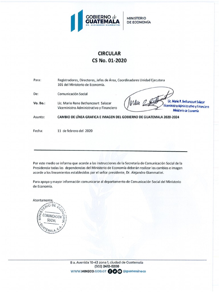 CIRCULAR CS No. 01-2020 Cambio de Línea Grafica e Imagen Institucional Del Gobierno de Guatemala ...