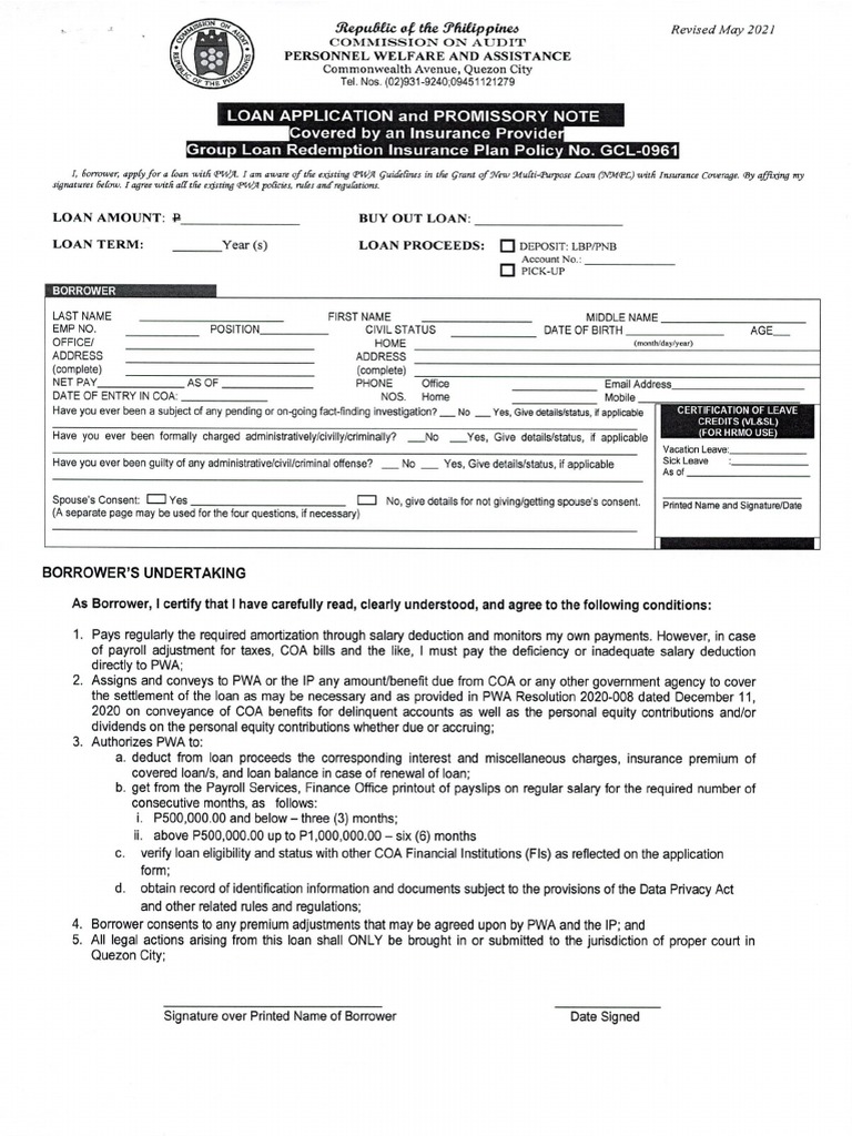 PWA Loan Application Form Revised 062021 | PDF