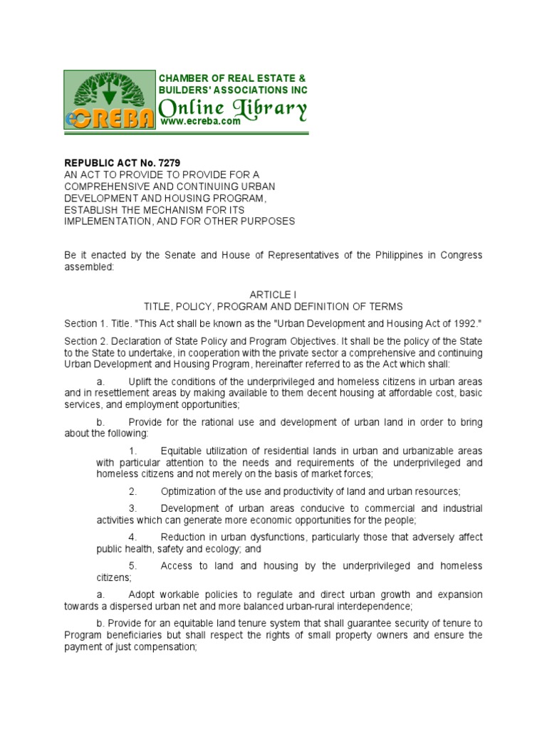 Urban Development & Housing Act | PDF | Eminent Domain | Squatting
