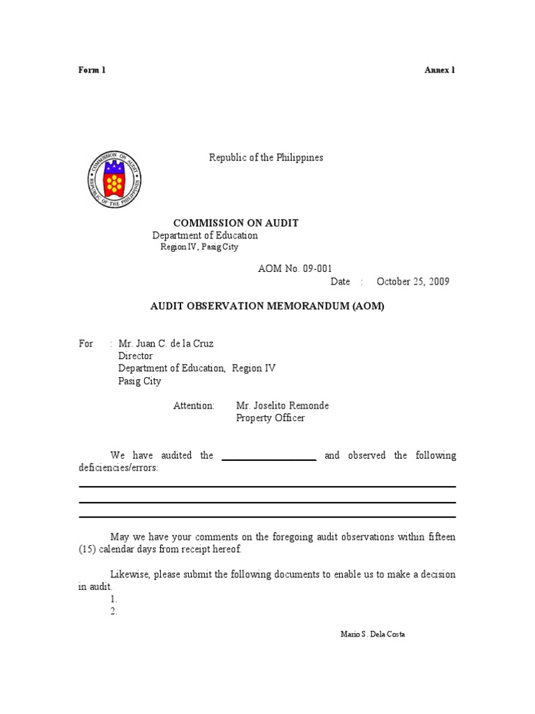 Form 1 AOM1 | PDF | Audit | Government