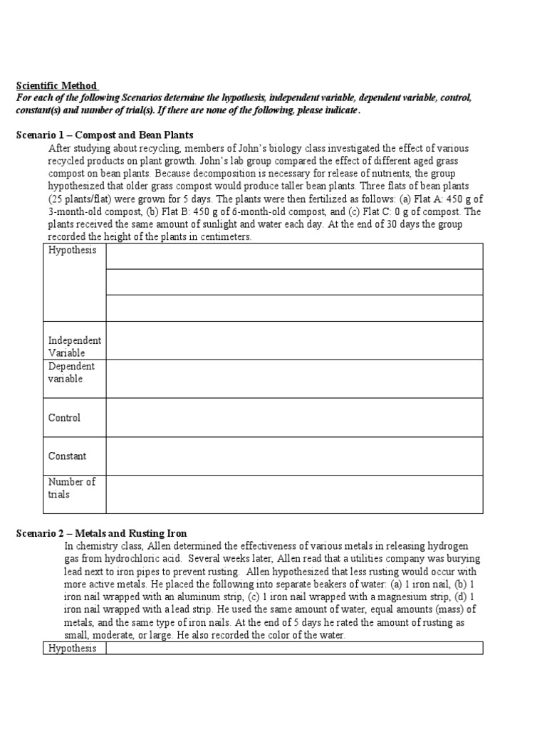 Scientific Method Scenarios and Analysis | PDF | Compost | Hypothesis