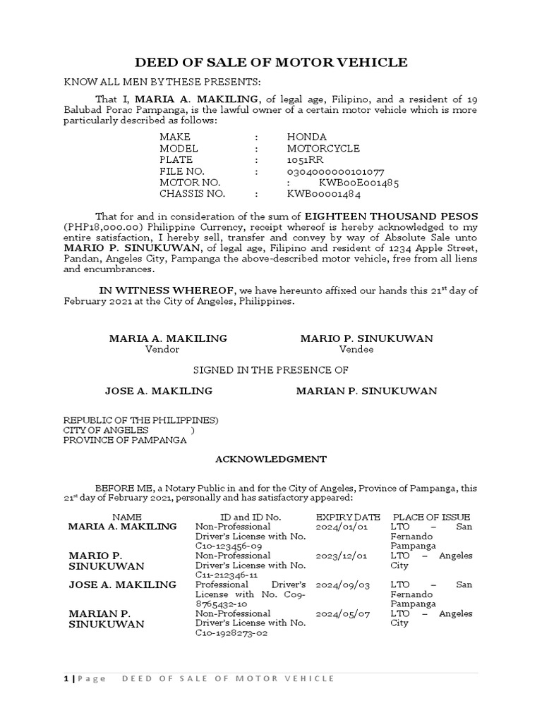Form 1 - Deed of Sale of A Motor Vehicle | PDF | Property Law | Civil ...