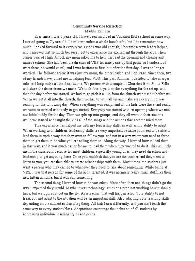 Community Service Reflection | PDF | Teachers | Cognition