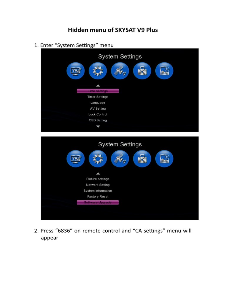 SKYSAT V9 Plus Hidden Menu Guide | PDF | Games & Activities | Computers