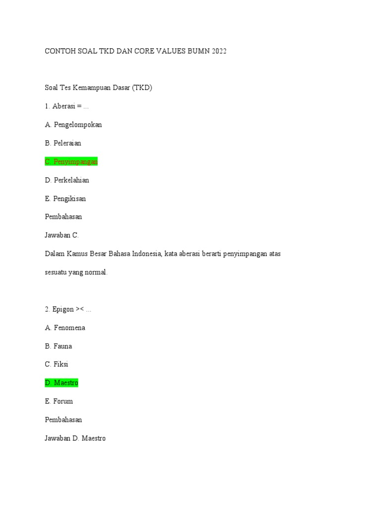 Contoh Soal TKD Dan Core Values Bumn 2022 | PDF
