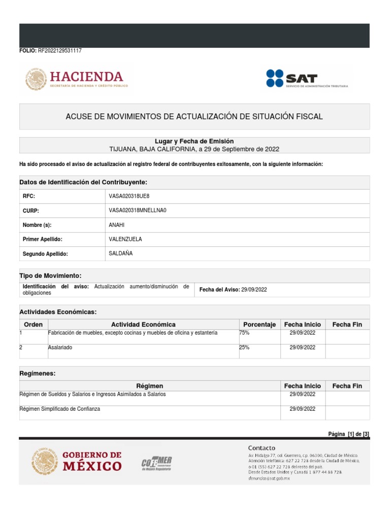 Acuse de Movimientos de Actualización de Situación Fiscal: TIJUANA ...