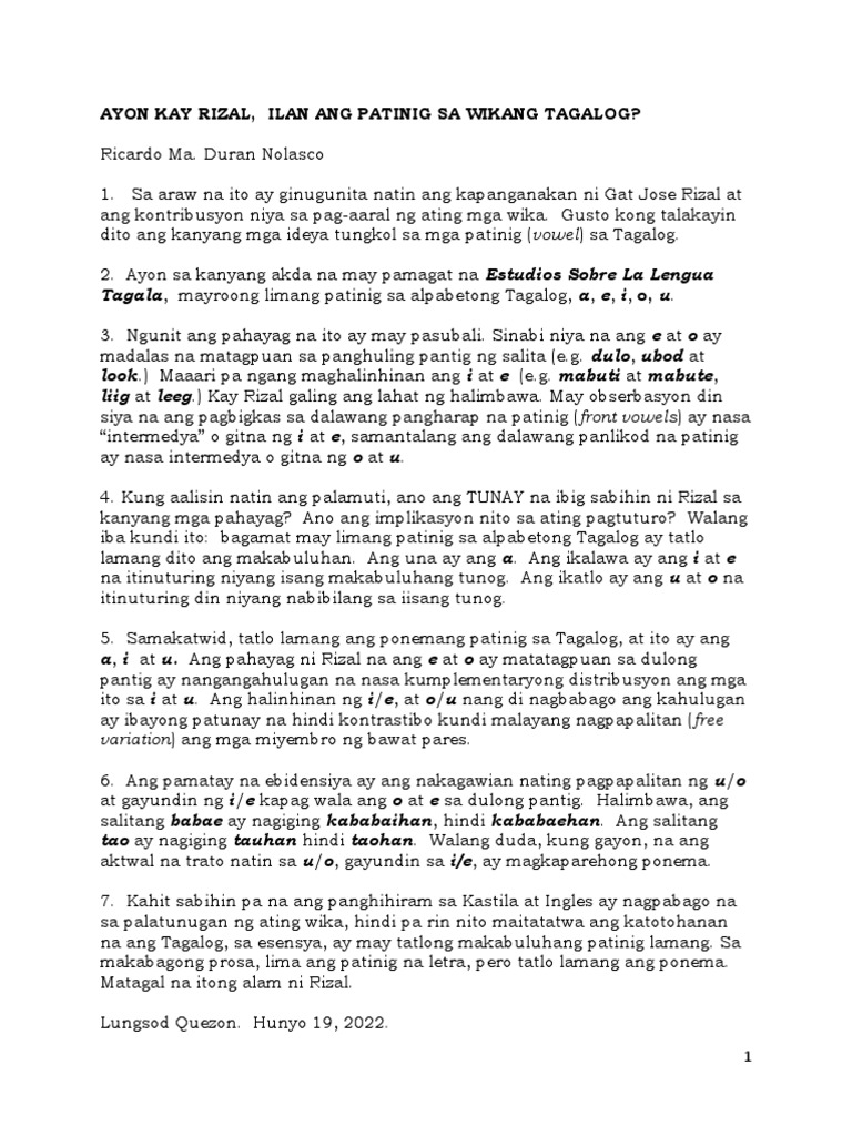 Ayon Kay Rizal, Ilan Ang Patinig Sa Tagalog | PDF