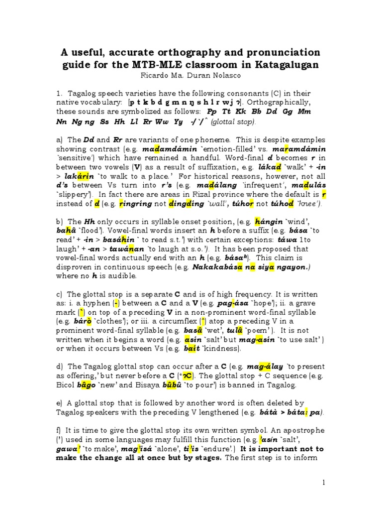Tagalog Orthography and Pronunciation Guide | PDF | Syllable | Vowel