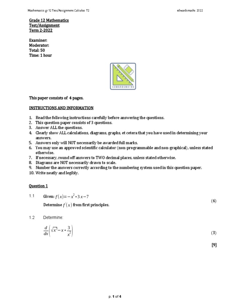 GR 12 Edwardsmaths Test or Assignment Calculus T2 2022 Eng | PDF ...