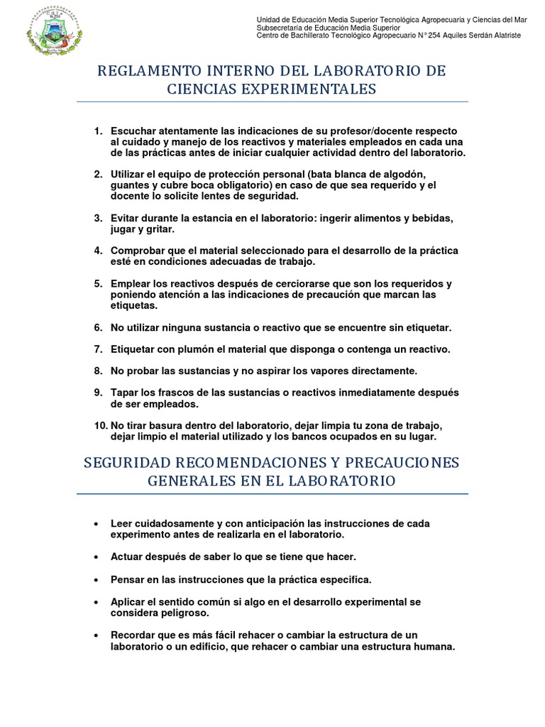 Reglamento Interno Del Laboratorio de Ciencias Experimentales 2022 ...
