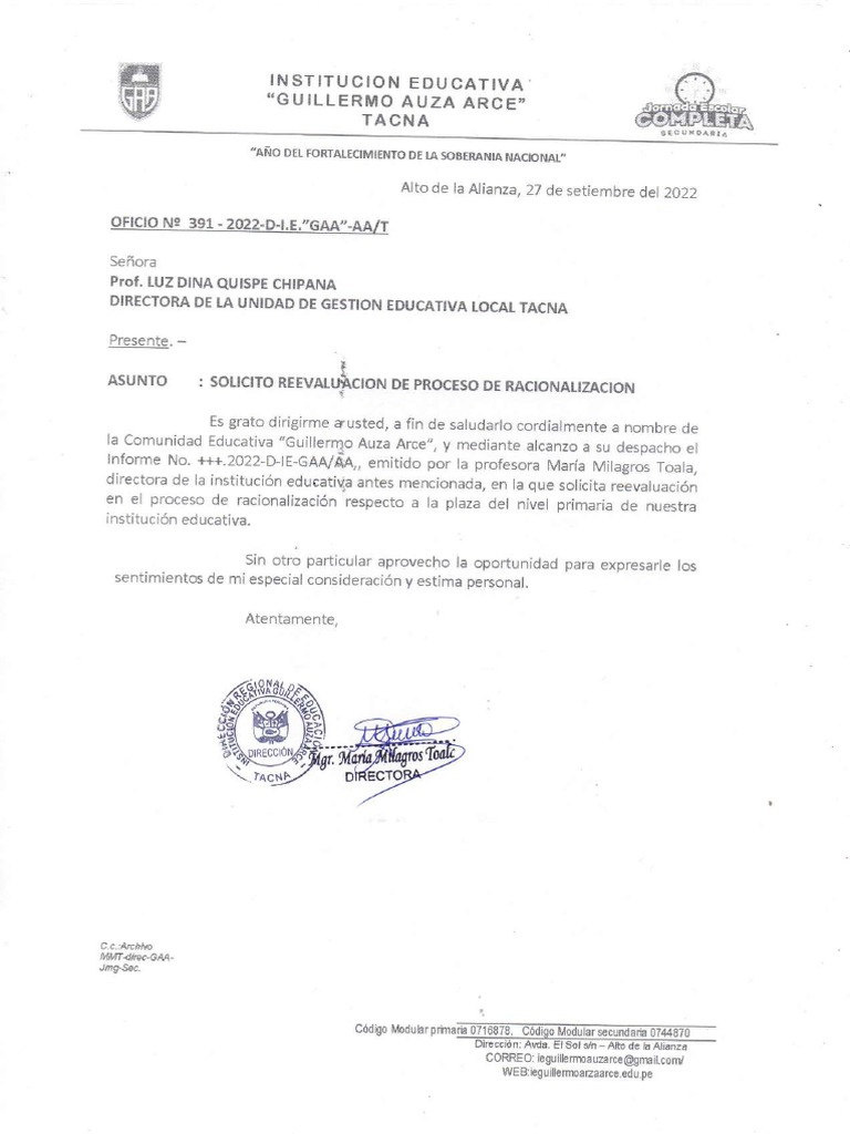 Oficio N°391-2022-D-I.e. Gaa Completo - Exp 30333 | PDF