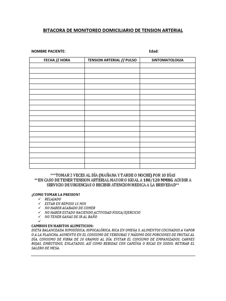 Bitacora de Monitoreo Domiciliario de Tensión Arterial | PDF