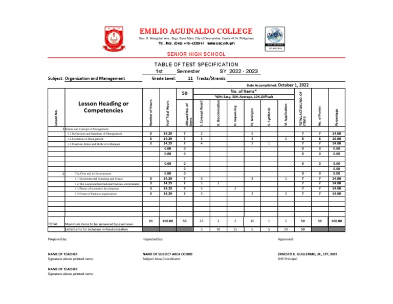 Table of Test Specifications SY 2022 2023 | PDF