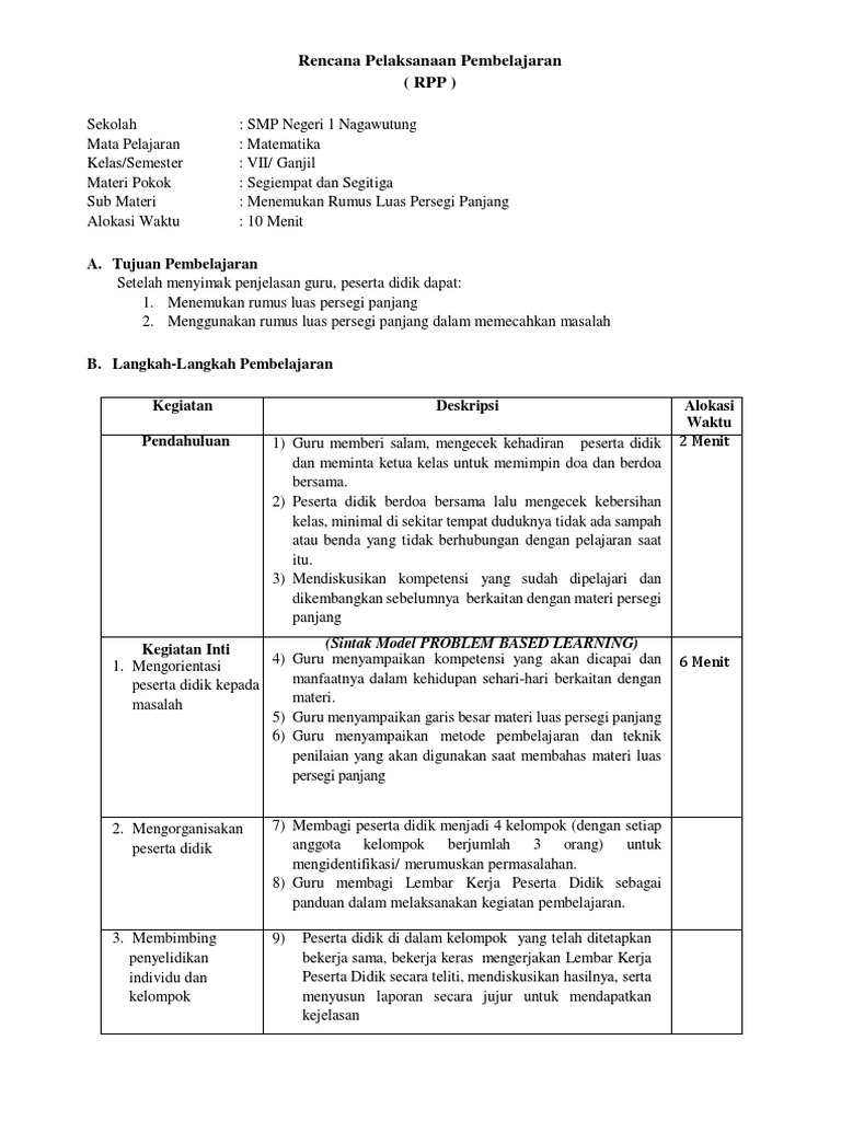 RPP Simulasi Mengajar Gregorius Payong Guru Materi Menentukan Luas Persegi Panjang | PDF