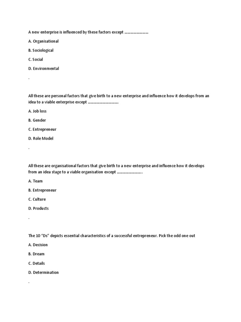 Practice Questions - Bus Entr | PDF | Entrepreneurship | Innovation