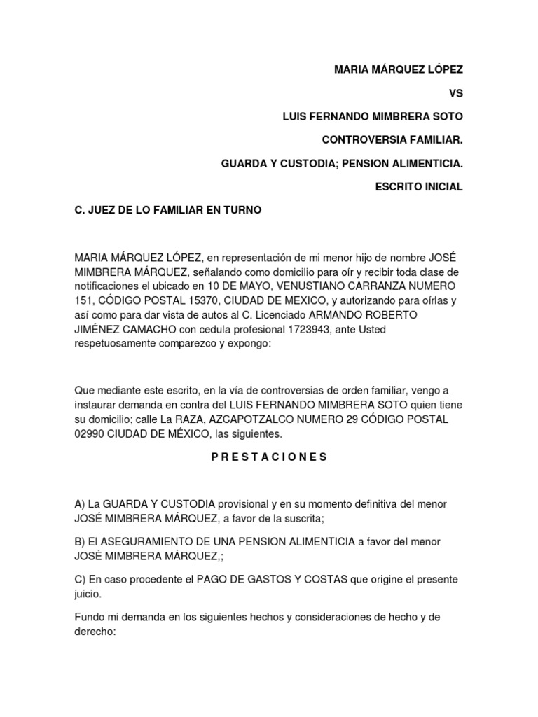 Guarda y Custodia Pension Alimenticia | PDF | Demanda judicial ...