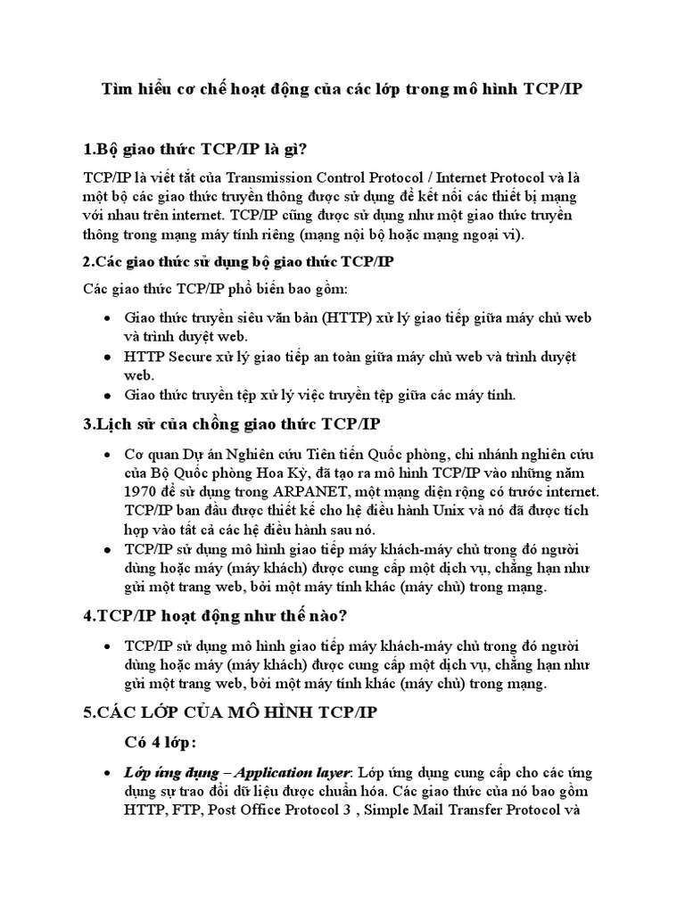 Tìm hiểu cơ chế hoạt động của các lớp trong mô hình TCP/IP 1.Bộ giao thức TCP/IP là gì? | PDF