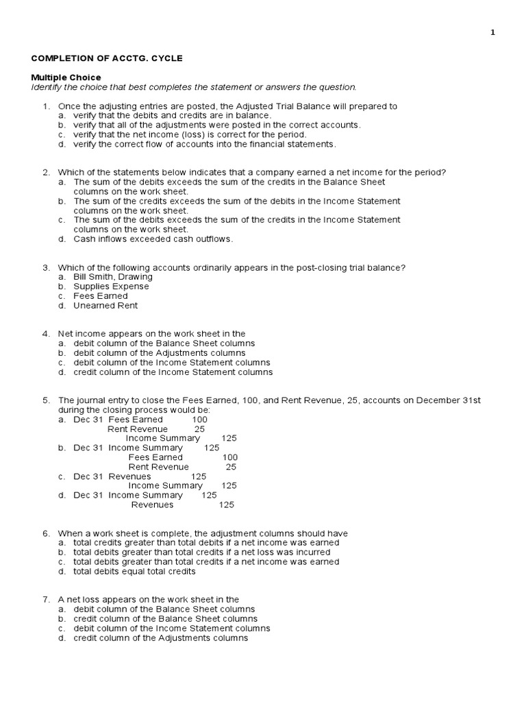 Accounting Cycle MCQs Guide | PDF | Debits And Credits | Balance Sheet