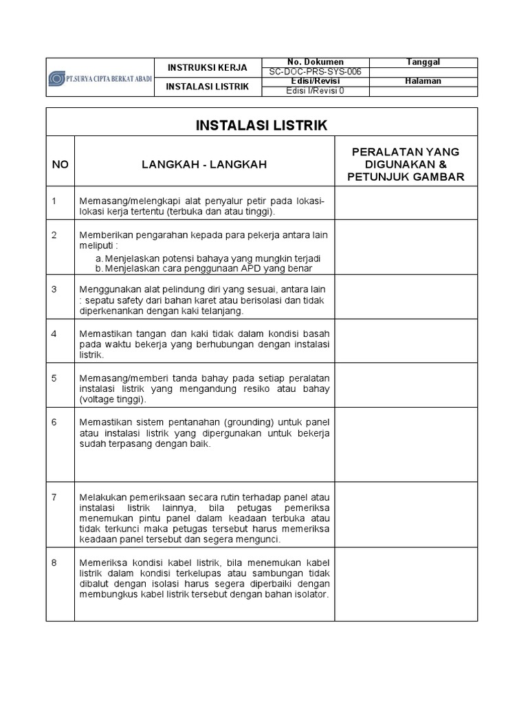 SOP Pemasangan Listrik | PDF | Teknologi & Rekayasa
